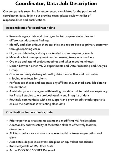 Coordinator Data Job Description Velvet Jobs