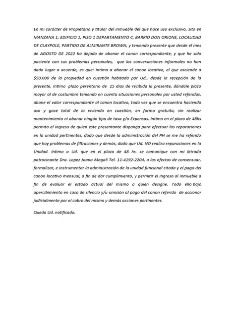 Carta Documento Intimación Pago Pdf
