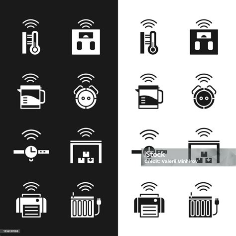 세트 로봇 진공 청소기 스마트 전기 주전자 온도계 욕실 비늘 스마트 워치 창고 난방 라디에이터 및 프린터 아이콘 벡터 건강한 생활방식에 대한 스톡 벡터 아트 및 기타 이미지