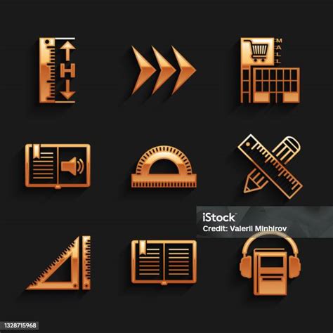 프로파일러 그리드 오픈 북 오디오 교차 통치자 와 연필 삼각형 쇼핑몰 슈퍼마켓 건물 및 측정 높이 길이 아이콘을 설정합니다 벡터 개념에 대한 스톡 벡터 아트 및 기타 이미지