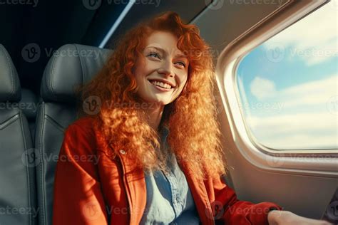 Smiling Redhead Woman Sitting On Passenger Seat Airplane 25476550