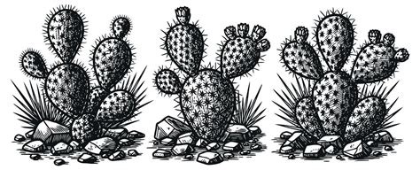 Detailed Black And White Illustrations Of Prickly Pear Cactus With Spines And Rocky Ground