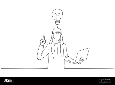 Drawing Of Astonished Arab Businessman Direct Finger Up Find Out Solution One Line Style Art