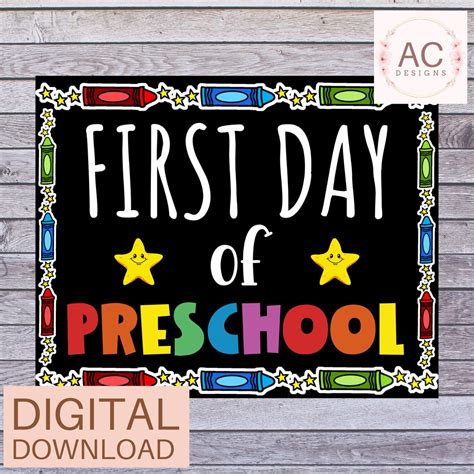First Day Of Preschool Sign With Crayon Border First Day Of School Pre
