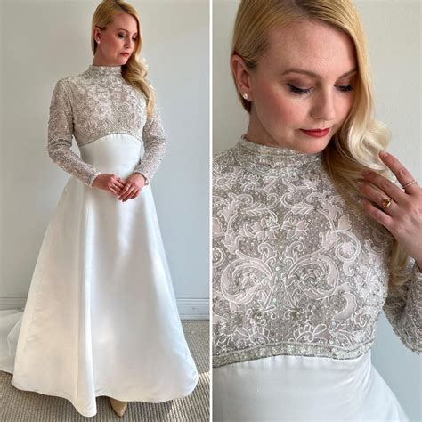 Vintage 1990s Carolina Herrera Long Sleeve Wedding Dress With Silver