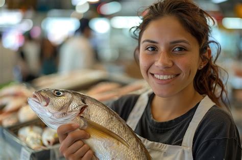 Premium Photo A Grocery Store Employee A Lady Is Beaming At The Camera While Bearing A Snapper