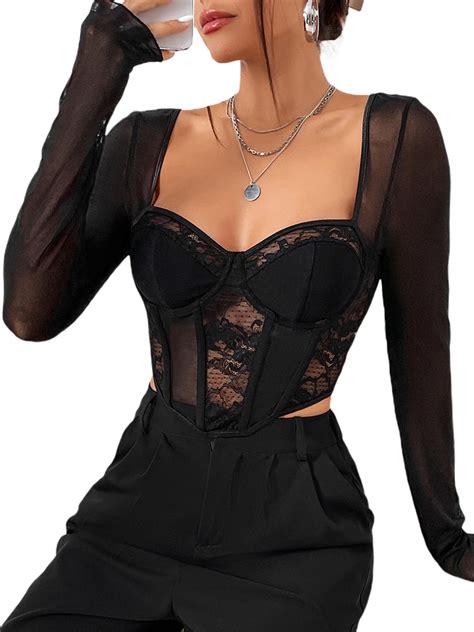 Musuos Womens Corset Crop Tops Long Sleeve Lace Patchwork Solid Color