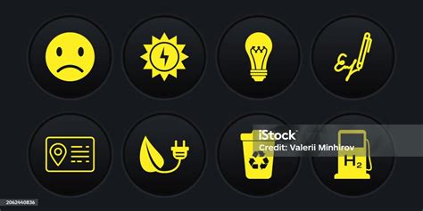 주소록 서명 전기 절약 플러그 인 리프 재활용 휴지통 전구 태양 에너지 패널 수소 충전소 및 슬픈 미소 아이콘을 설정합니다 벡터 검은색에 대한 스톡 벡터 아트 및 기타