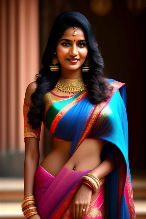 Lexica Young North Indian Woman In A Saree Massive Downblouse Fit Body Wearing Saree