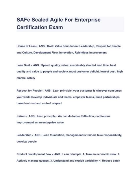 Safe Scaled Agile For Enterprise Certification Exam Questions And Answers 2024 A Graded 100