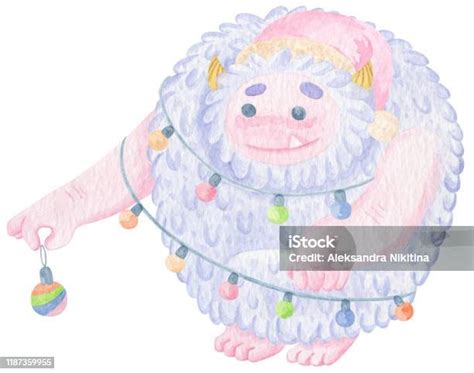 크리스마스 장난감과 크리스마스 조명 귀여운 예티 캐릭터 호호 호 겨울 만화 예티 수채화 인쇄 티셔츠 나 포스터에 새해 프린트 좋은 괴물 0명에 대한 스톡 벡터 아트 및 기타