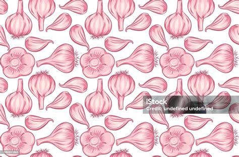 마늘 정향 원활한 패턴 야채 음식 개념 스케치 스타일비건 요리 벡터 일러스트 포스터 배너 메뉴 디자인 레스토랑 유기농 및 자연 영양 매운 맛 건강한 생활방식에 대한 스톡