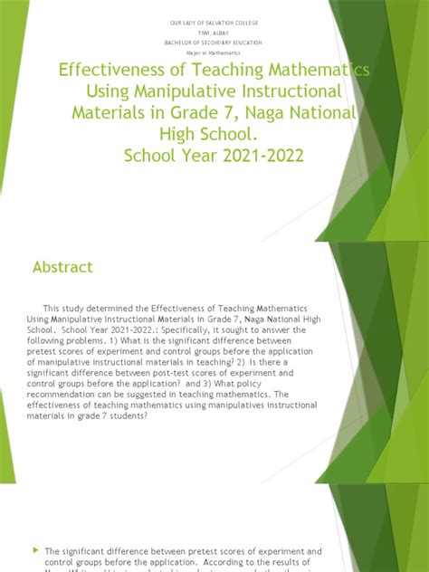 Effectiveness Of Teaching Mathematics Using Manipulative Instructional Materials Pdf