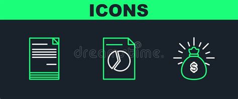 Set Line Money Bag Document And With Graph Chart Icon Vector Stock