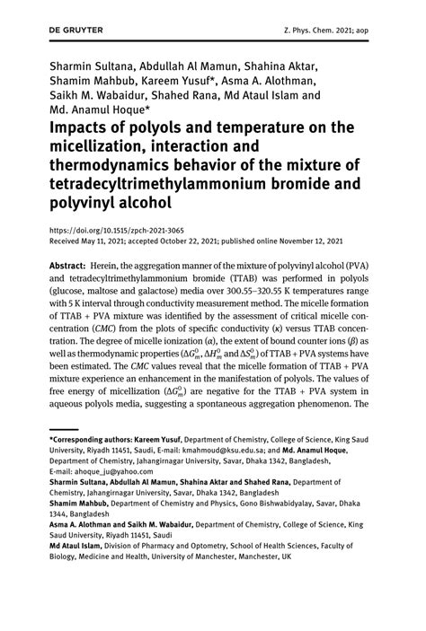 Pdf Impacts Of Polyols And Temperature On The Micellization Interaction And Thermodynamics