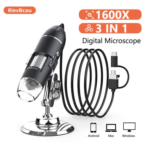 Rievbcau 1600x Digital Microscope 3in1 Type C Usb Professional