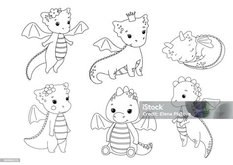 왕관과 꽃이 흰색 배경에 고립되어 있는 귀여운 용입니다 색칠 페이지에 대한 개요 벡터 만화 캐릭터입니다 유치한 라인 일러스트 세트 0명에 대한 스톡 벡터 아트 및 기타