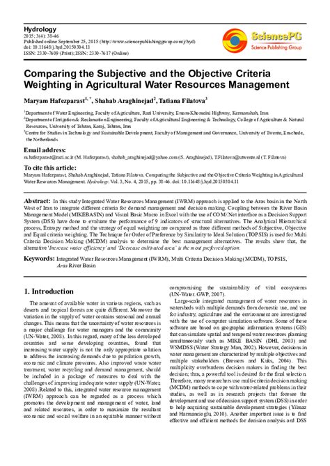 Pdf Comparing The Subjective And The Objective Criteria Weighting In Agricultural Water