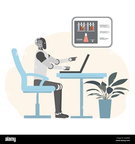 Robot Analyzing Data On Computer In Laboratory Setting With Scientific