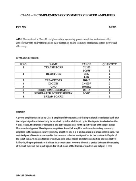 Class B Complementary Symmetry Power Amplifier Pdf Amplifier Distortion