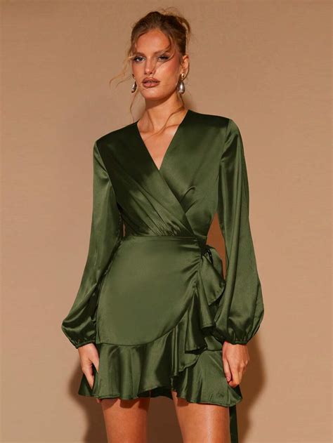 Womens V Neck Ruffle Hem Lantern Sleeve Elegant Party Dress Cocktail
