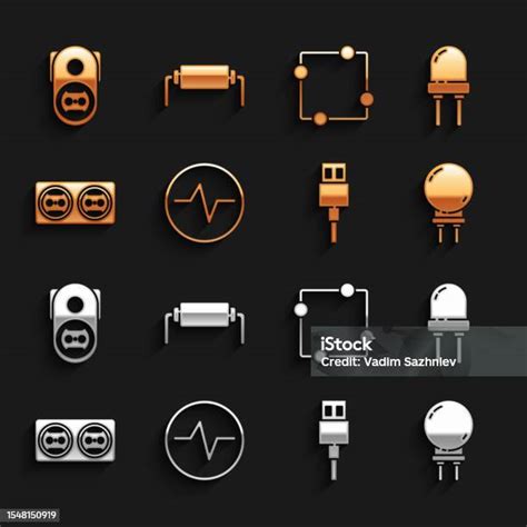 Set Electric Circuit Scheme Light Emitting Diode Usb Cable Cord Electrical Outlet And Resistor