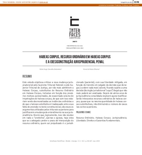 Pdf Habeas Corpus Recurso Ordinário Em Habeas Corpus E A Des