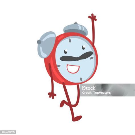 빨간 웃는 알람 시계 캐릭터 실행 및 흔들리는 손 벡터 일러스트 계시기에 대한 스톡 벡터 아트 및 기타 이미지 계시기
