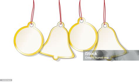 크리스마스 종소리와 함께 빈 크리스마스 표지판 금색과 흰색의 크리스마스 싸구려 흰색 배경에 격리된 벡터 그림 징글 벨에 대한 스톡 벡터 아트 및 기타 이미지 Istock