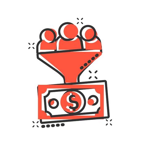 만화 스타일의 리드 관리 아이콘 사람들이 돈 벡터 만화 일러스트 픽토그램 대상 클라이언트 비즈니스 개념 스플래시 효과와 깔때기 프리미엄 벡터
