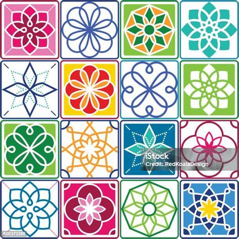 포르투갈어 타일 패턴azulejo 노란색과 청록색 완벽 한 기하학적 디자인 컬렉션 다중 색상에 대한 스톡 벡터 아트 및 기타