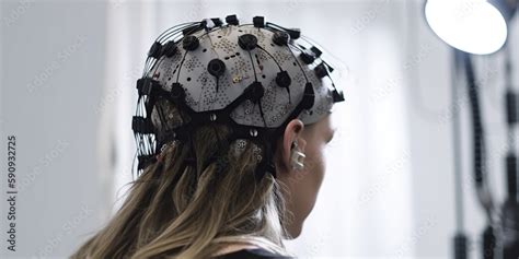 Person Holding An Eeg Sensor Measuring Brain Activity Concept Of Brainwave Monitoring And