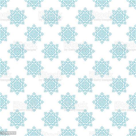 흰색 배경에 파란색 눈송이의 상징적 인 매끄러운 패턴 엽서 포장지 직물 벽지 등을위한 겨울 장식 항목 장식 및 디자인에 대한 스톡 벡터 일러스트레이션 12월에 대한 스톡
