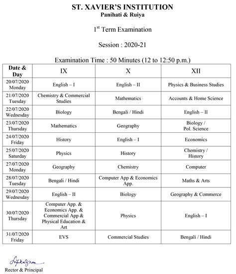 Exam Time Table Premier English Medium School In Kolkata