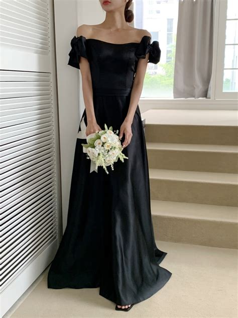모반디 리본소매 블랙 드레스 셀프웨딩 롱 플레어 촬영 2부 피로연 브라이덜샤워 오프숄더 연주회 빅사이즈