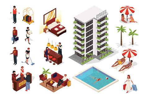 평면 디자인의 호텔 서비스 3d 아이소 메트릭 메가 세트 건물 아파트 방 침실 리셉션 데스크 수영장 관리자 하녀 클라이언트 기타의 컬렉션 아이소메트리 요소 벡터 일러스트