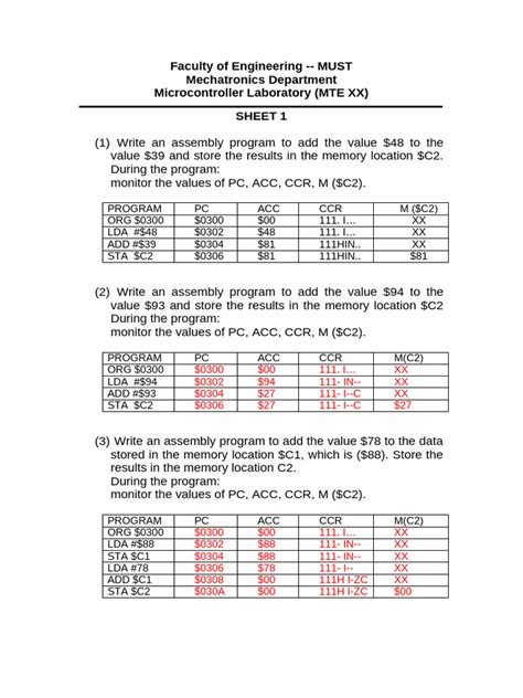 Microcontrollers Sheet Mechatronics Dep Mte Xx Pdf