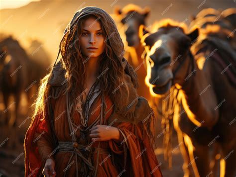 Premium Photo Beautiful Veiled Women Traveling In The Desert With Sunlight Effect Generative Ai