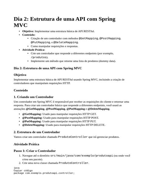 Dia 2 Estrutura De Uma Api Com Spring Mvc Pdf Classe Programação
