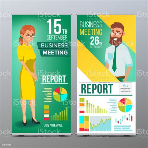 배너 벡터 롤업 됩니다 수직 광고 판 템플릿입니다 실업가 그리고 비즈니스 여자 박람회 프레 젠 테이 션 축제입니다 포럼을 위한 기업 프레 젠 테이 션 개념입니다 녹색