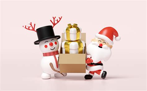 3d 산타 클로스와 눈사람은 분홍색 배경에 고립 된 선물 상자를 가진 열린 상품 골판지 상자를 들고 있습니다 행복 카드 메리 크리스마스 축제 새해 3d 렌더링 일러스트