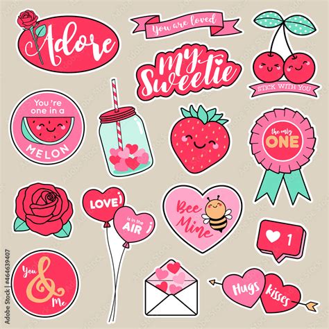 Set Of Girl Fashion Patches Cute Cartoon Badges Fun Stickers Design In Romantic Love Concept