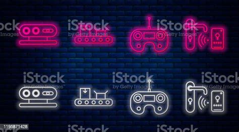 골판지 상자 원격 제어 3d 스캐닝 시스템 및 잠금 해제를위한 무선 기술이있는 디지털 도어 잠금 장치가있는 라인 컨베이어 벨트 벽돌 벽에 빛나는 네온 아이콘입니다 벡터 0