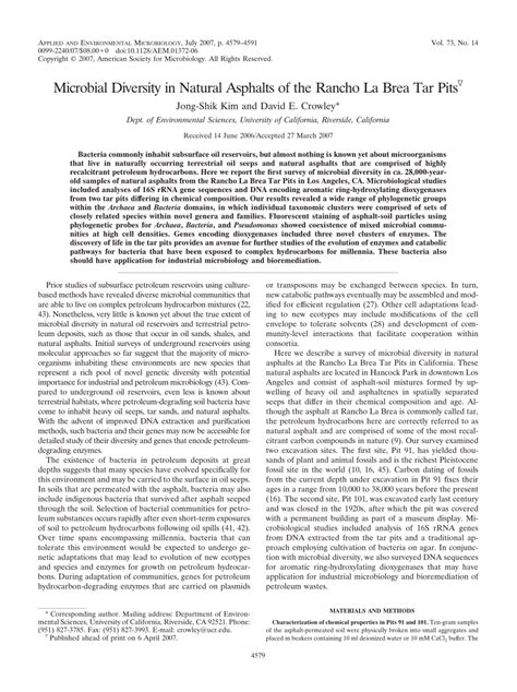 Pdf Microbial Diversity In Natural Asphalts Of The Rancho La Brea Tar Pits