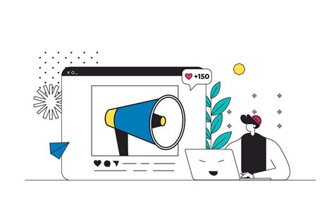 Outbound Marketing Outline Web Concept In Modern Flat Line Design Man Making Advertising For