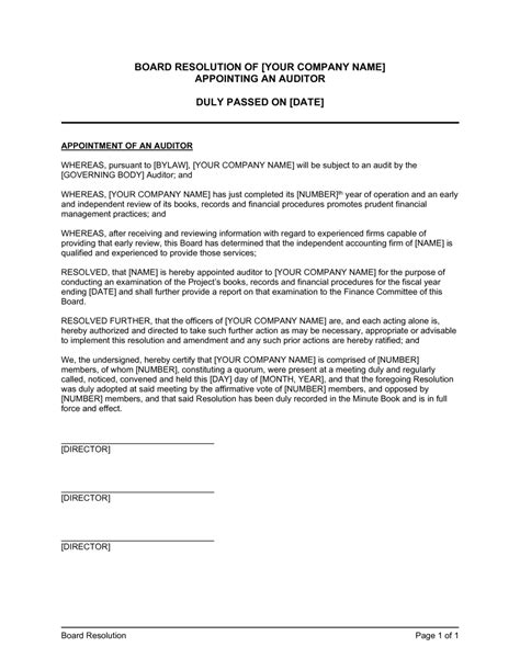 Board Resolution Appointing New Director Template