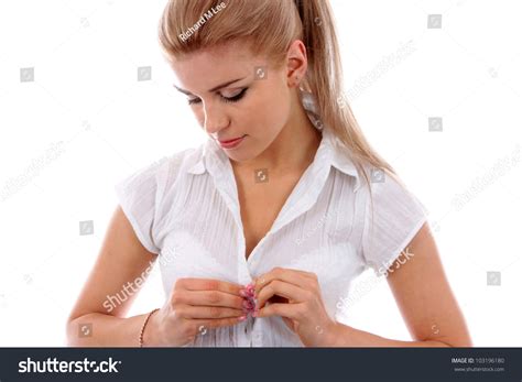 Woman Buttoning Blouse Stock Photo Shutterstock