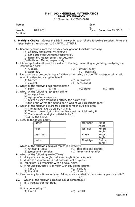Math103 Finals Examination Math 103 General Mathematics Final