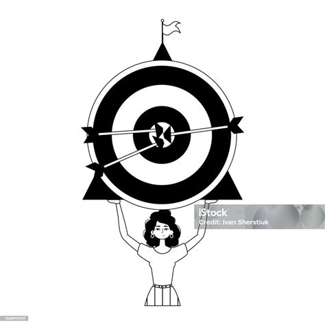 딸은 중앙에 화살표가 있는 목표물을 들고 있습니다 기술 개념 검은 색과 흰색 아날로그 스타일 트렌디한 스타일 벡터 일러스트레이션 개념에 대한 스톡 벡터 아트 및 기타 이미지