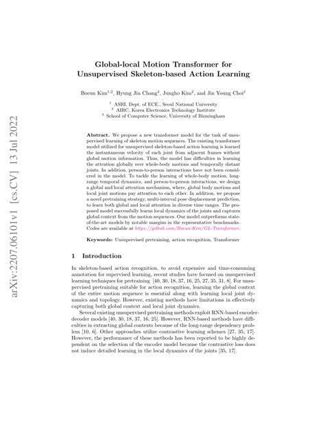 Pdf Global Local Motion Transformer For Unsupervised Skeleton Based Action Learning